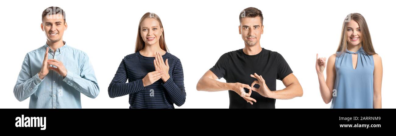 Deaf mute people using sign language on white background Stock Photo ...