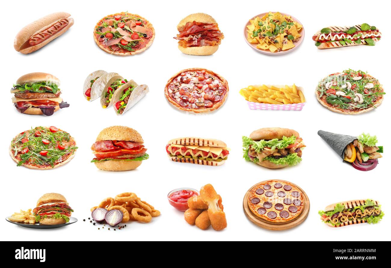 Set of different fast food products on white background Stock Photo - Alamy