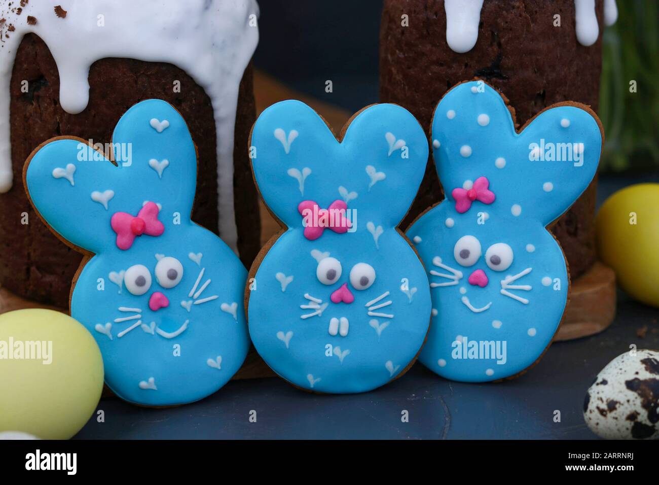 Gingerbread blue rabbits in the easter composition, Horizontal ...