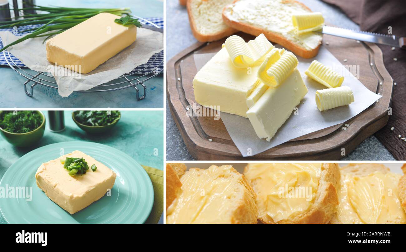 Collage of photos with tasty fresh butter and toasted bread Stock Photo ...