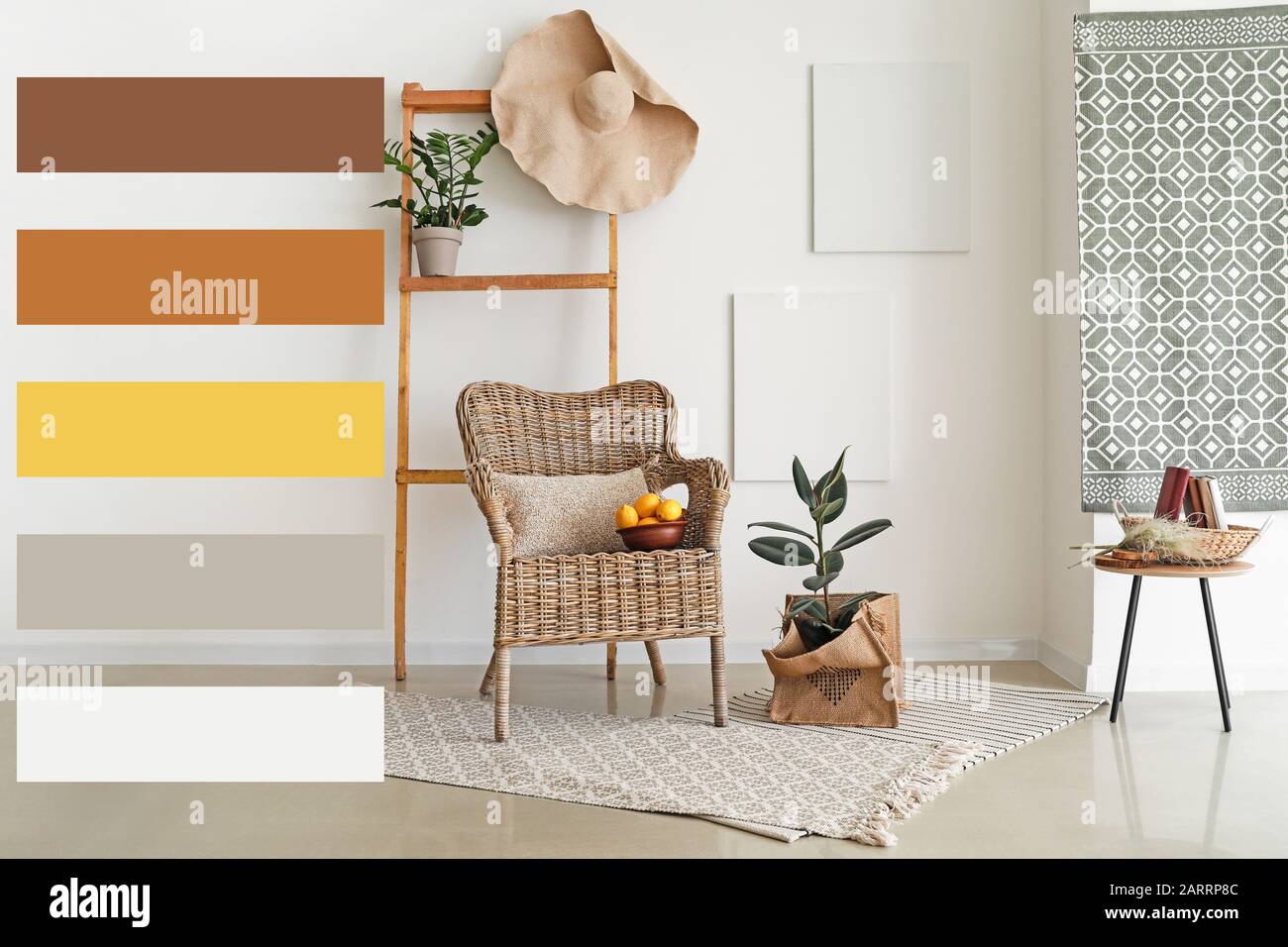 Interior of light room with wicker armchair. Different color patterns ...