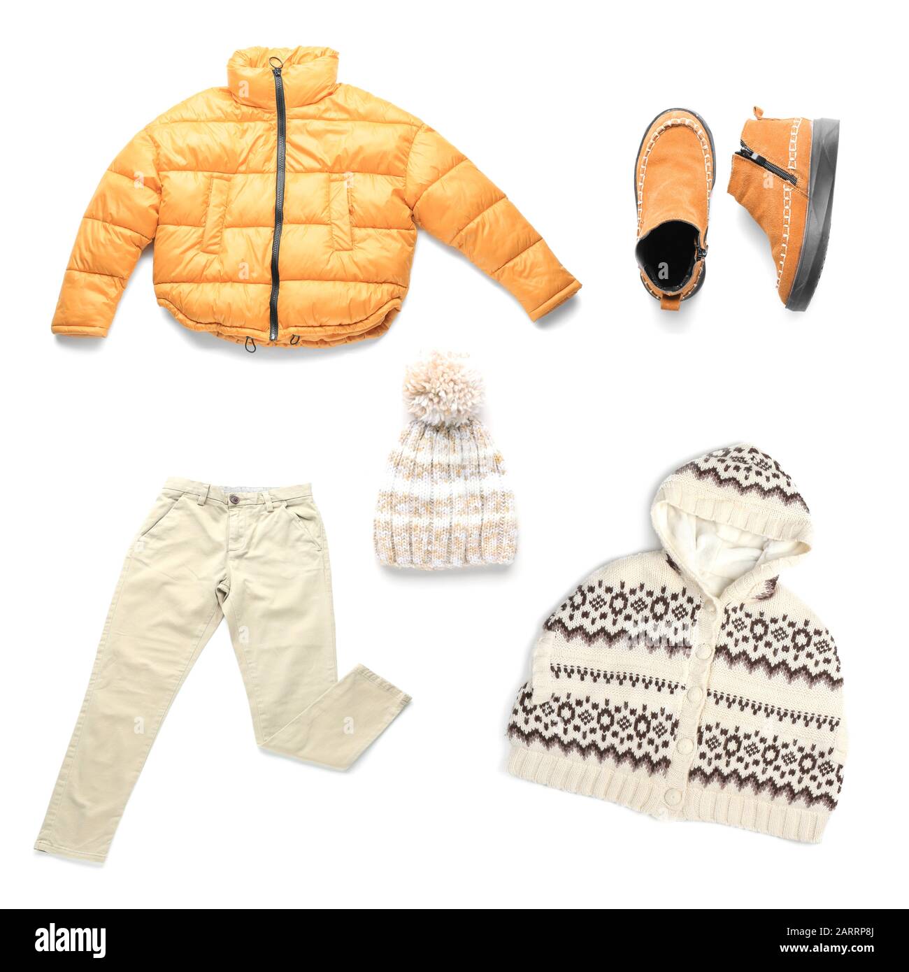 Set of winter clothes on white background Stock Photo - Alamy