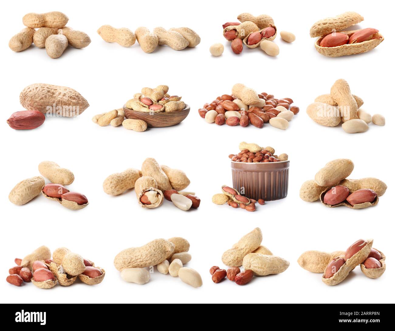 Collage with tasty peanuts on white background Stock Photo - Alamy