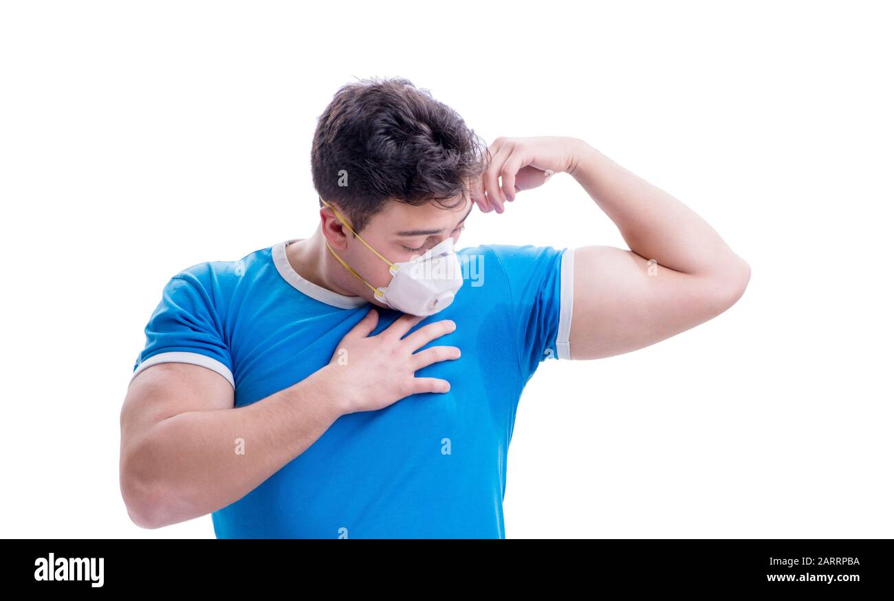 Man sweating excessively smelling bad isolated on white background ...