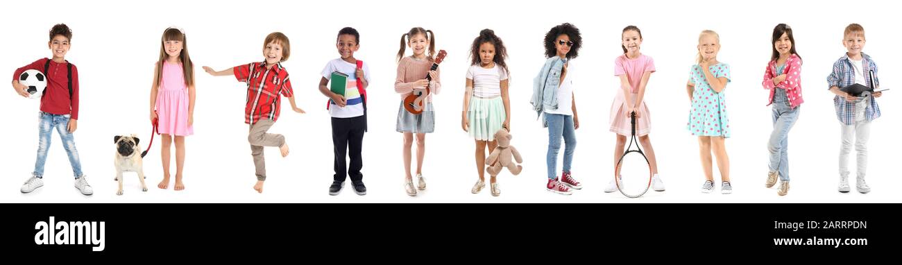 Set of little children on white background Stock Photo - Alamy