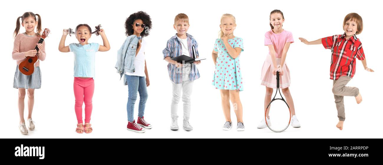 Set of little children on white background Stock Photo - Alamy