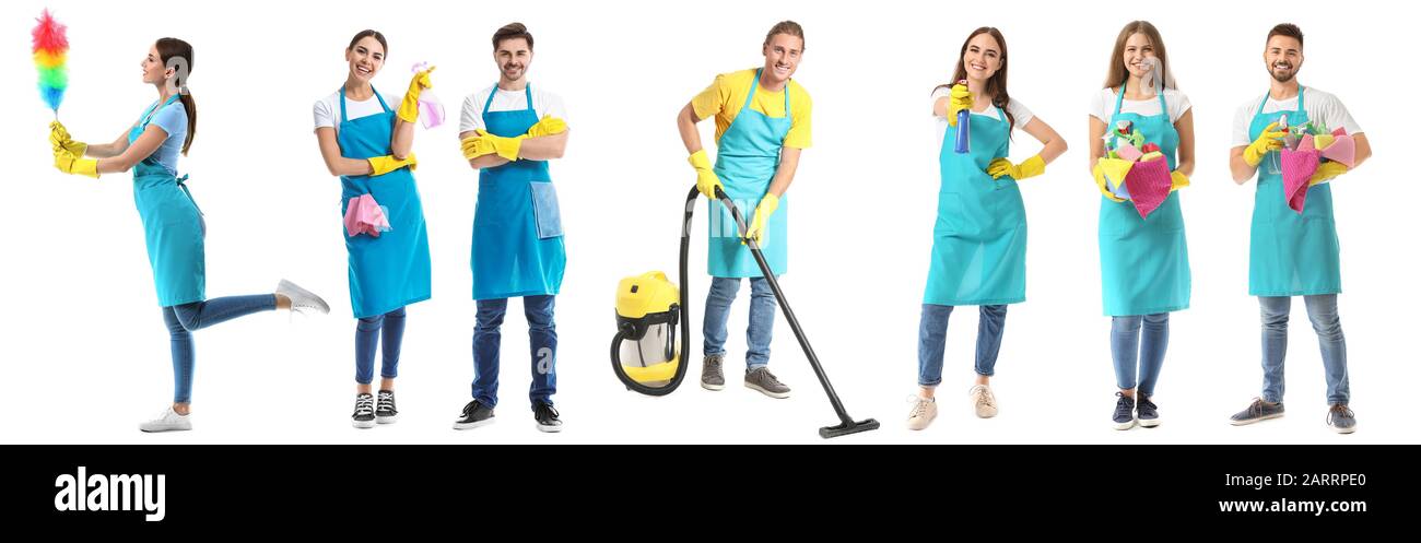 Team of janitors with cleaning supplies on white background Stock Photo ...