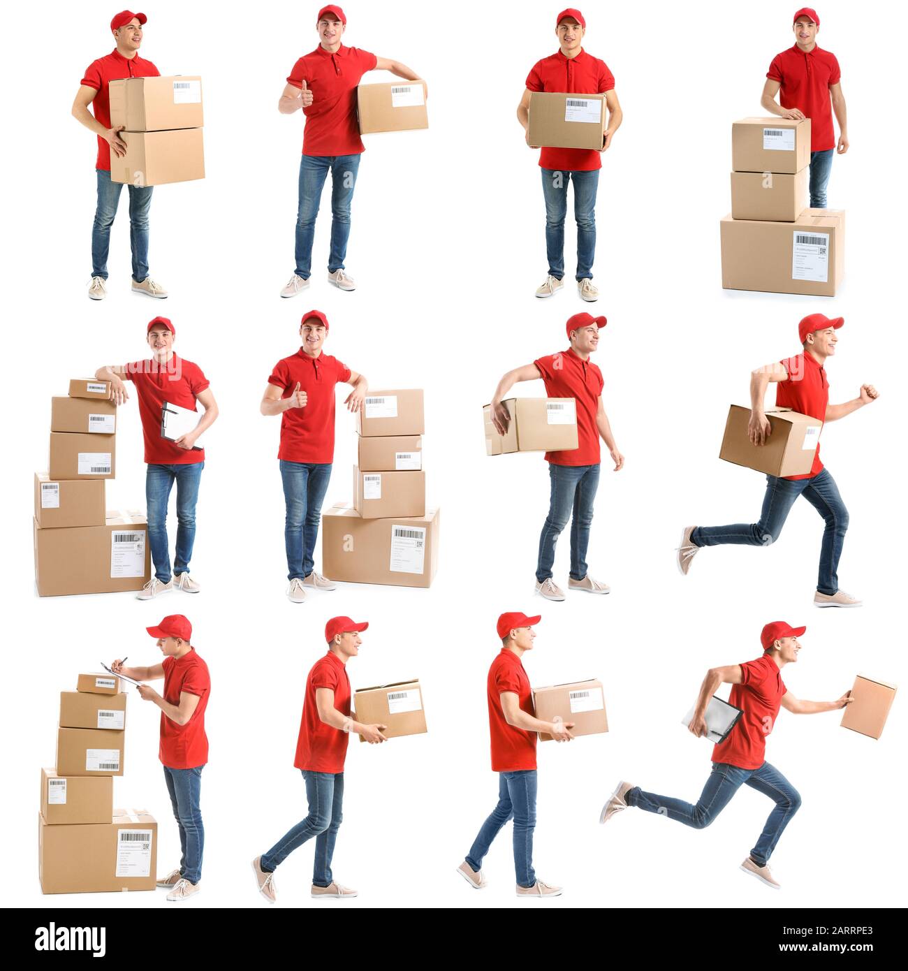 Set of delivery man with boxes on white background Stock Photo - Alamy