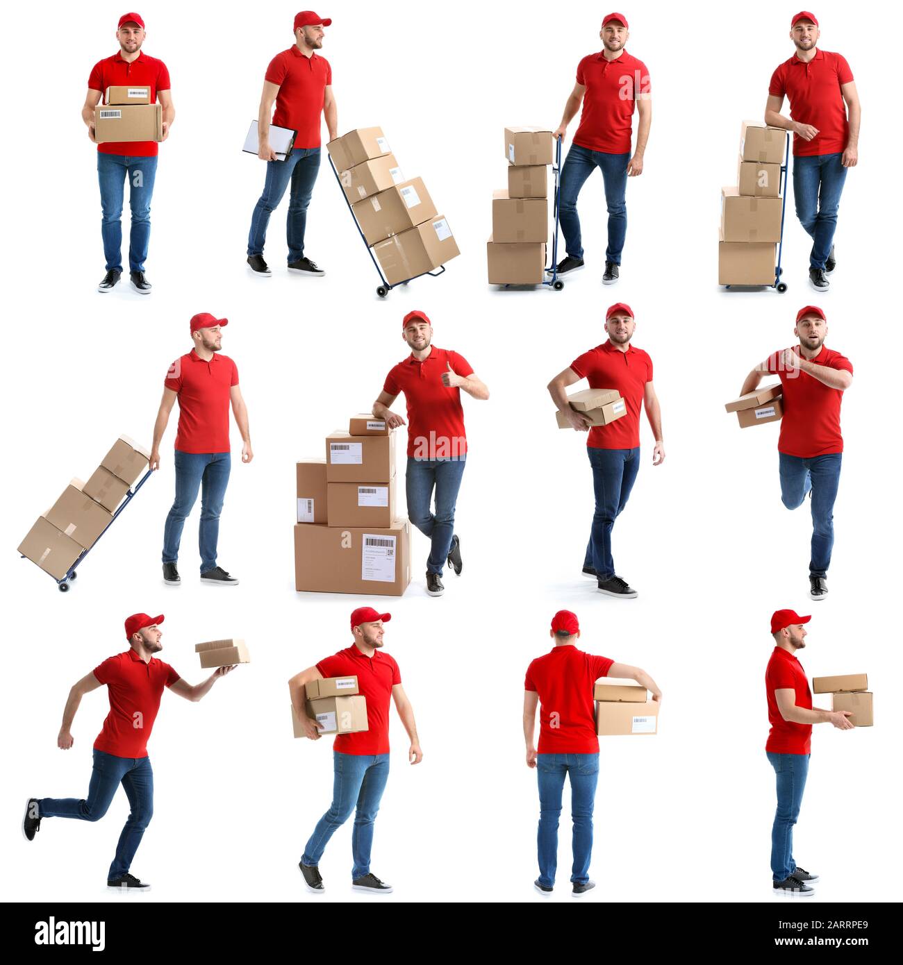 Set of delivery man with boxes on white background Stock Photo - Alamy