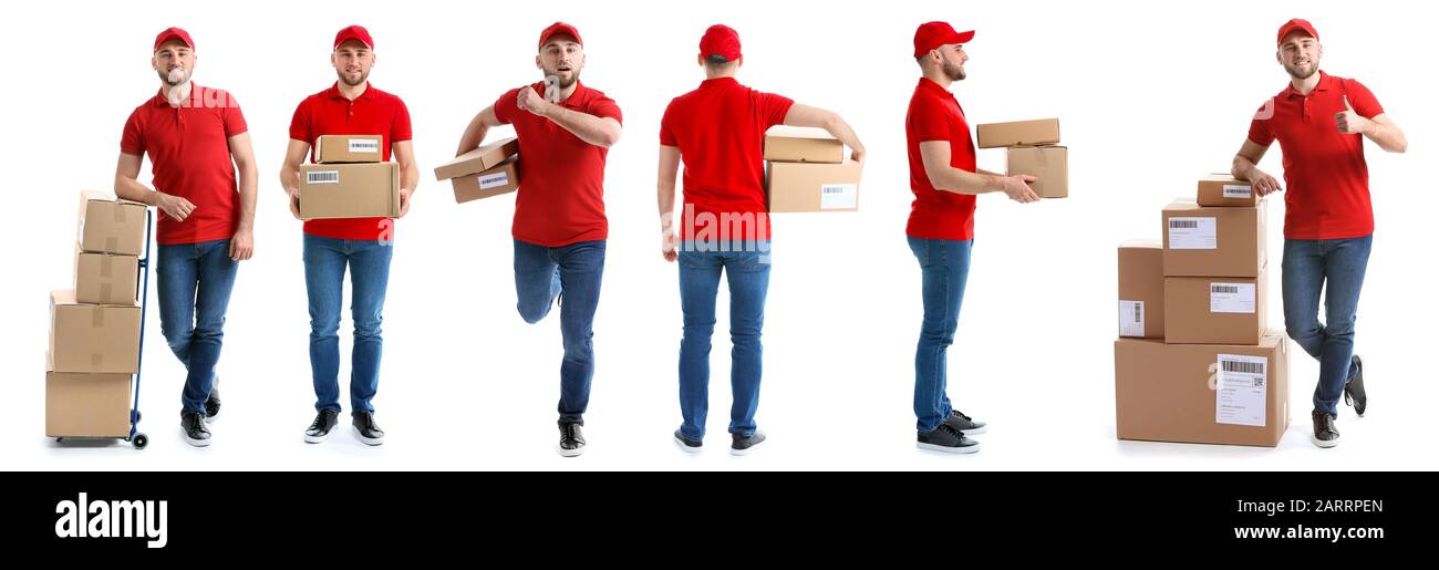 Set of delivery man with boxes on white background Stock Photo - Alamy