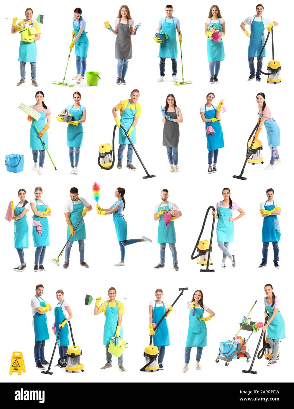Collage of janitors with cleaning supplies on white background Stock ...