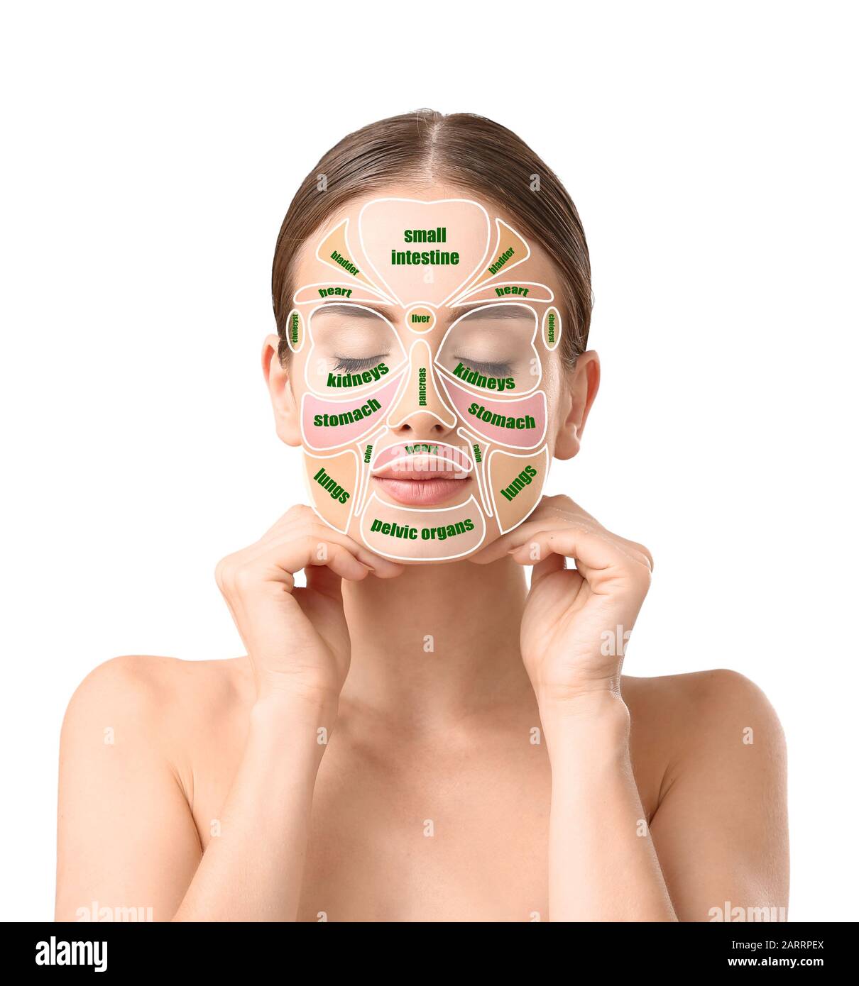 Beautiful woman with reflexology massage chart on her face against ...
