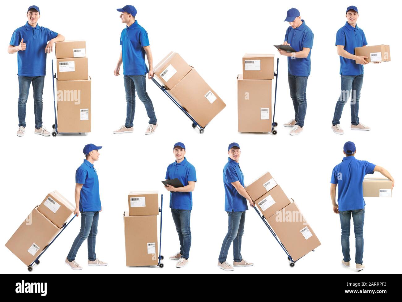 Set of delivery man with boxes on white background Stock Photo - Alamy