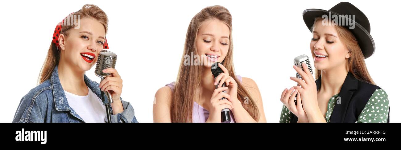 Collage of beautiful female singer with microphones on white background ...