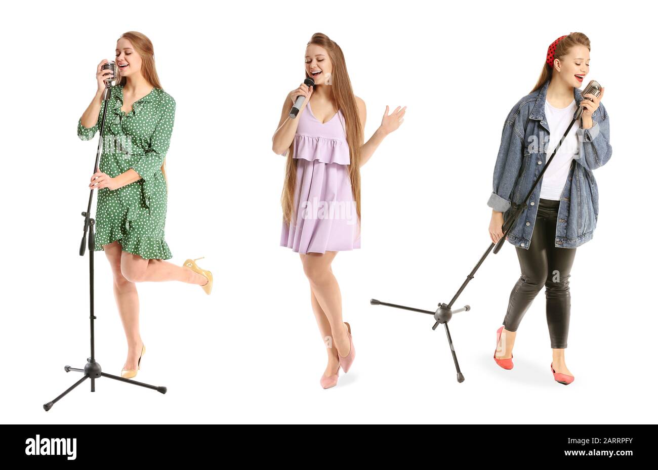 Collage of beautiful female singer with microphones on white background ...