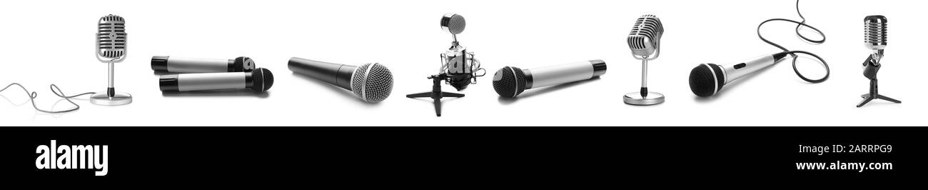 Different microphones on white background Stock Photo - Alamy