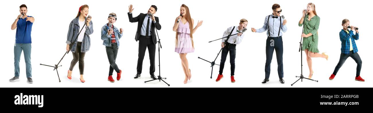 Collage of different singers with microphones on white background Stock ...