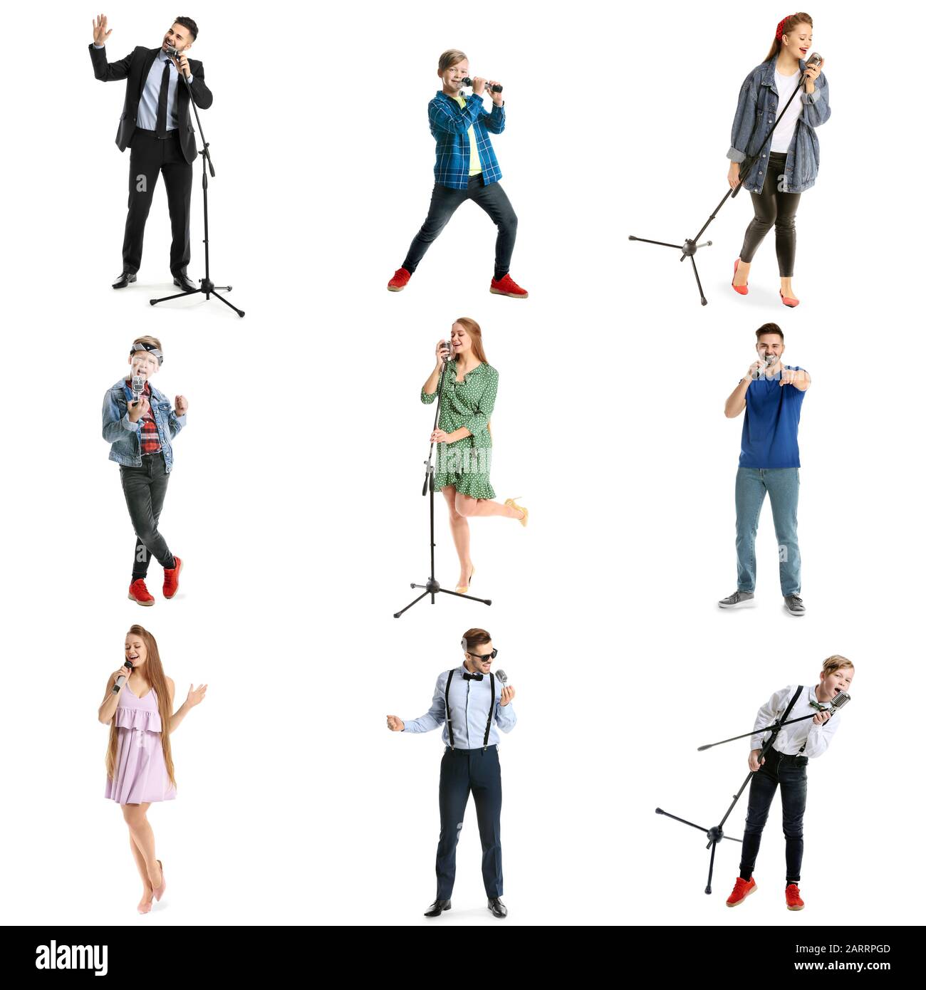 Collage of different singers with microphones on white background Stock ...