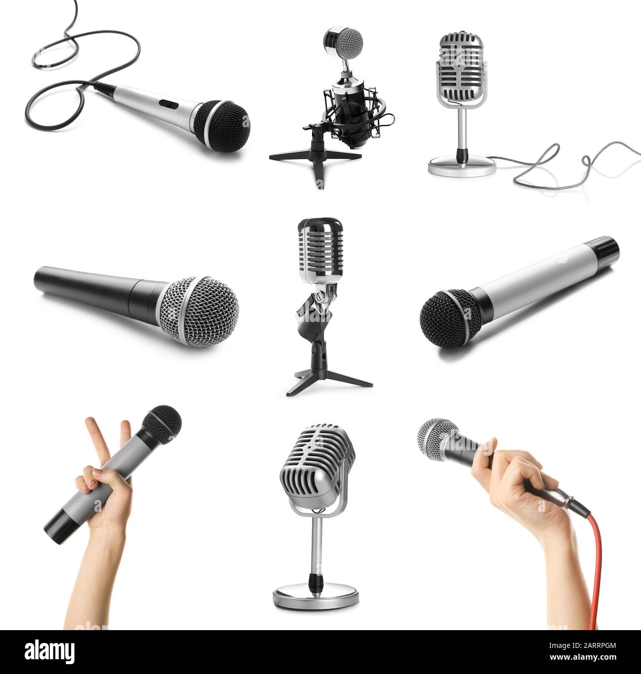Collage with different microphones on white background Stock Photo - Alamy