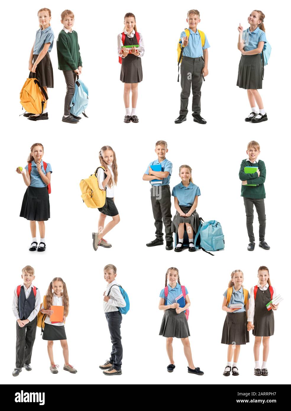 Collage with cute little pupils in different school uniforms on white ...
