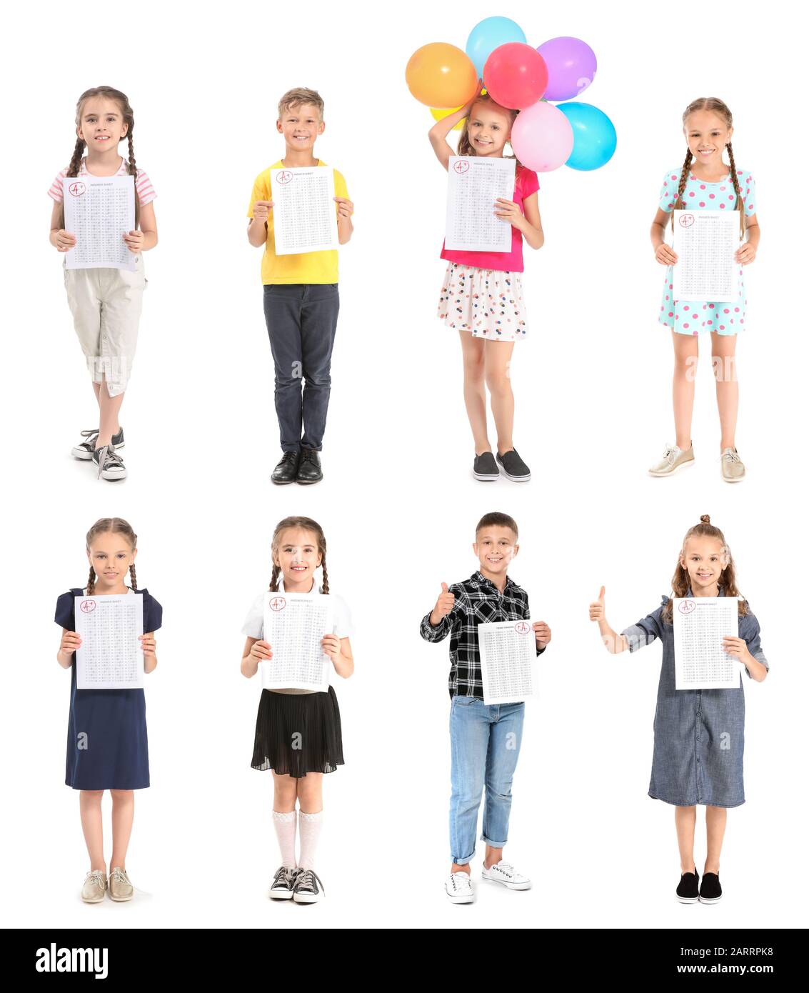 Happy children with results of school test on white background Stock ...