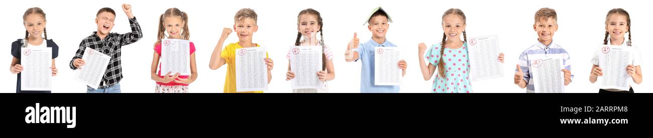 Happy children with results of school test on white background Stock ...