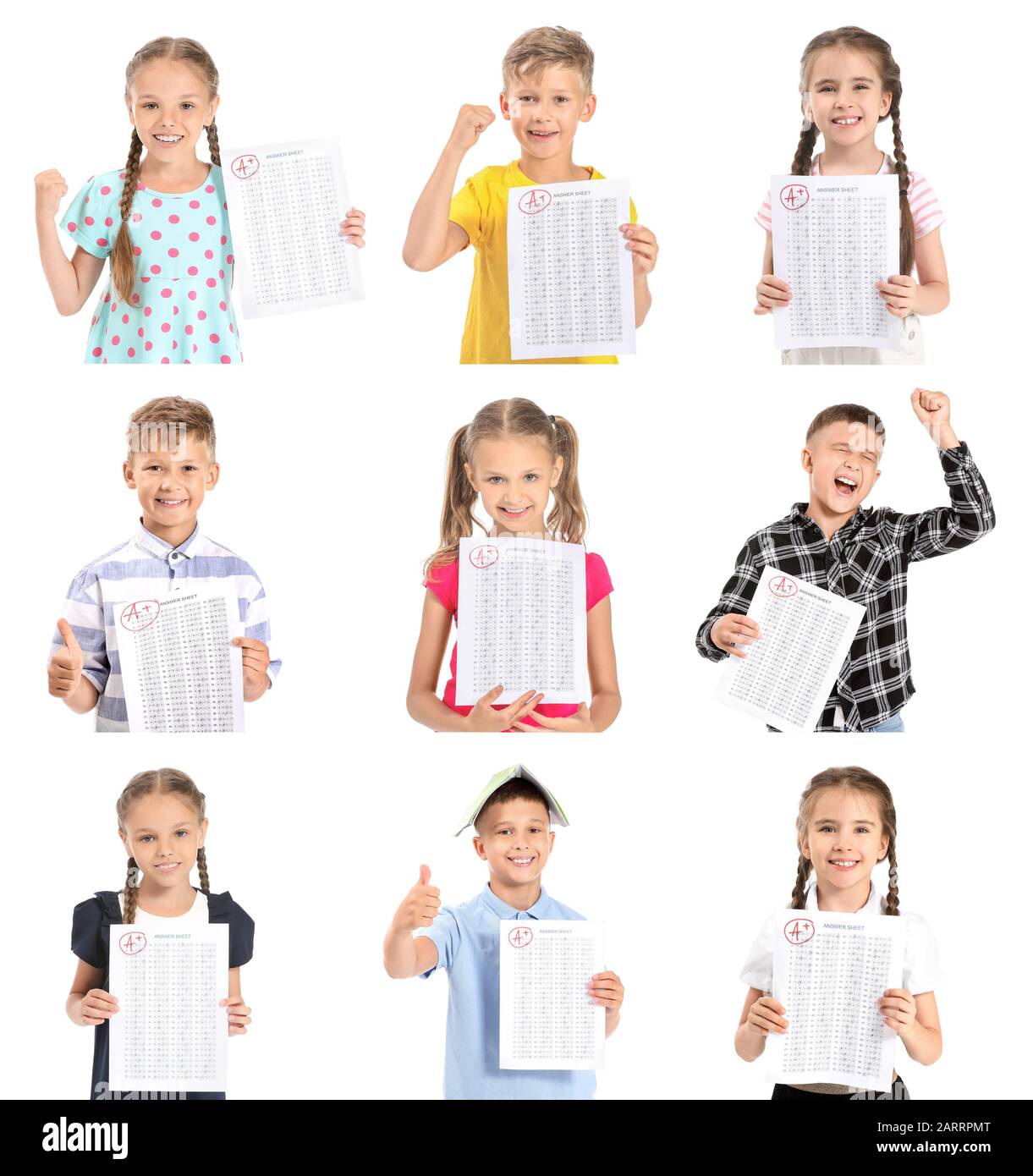 Happy children with results of school test on white background Stock ...