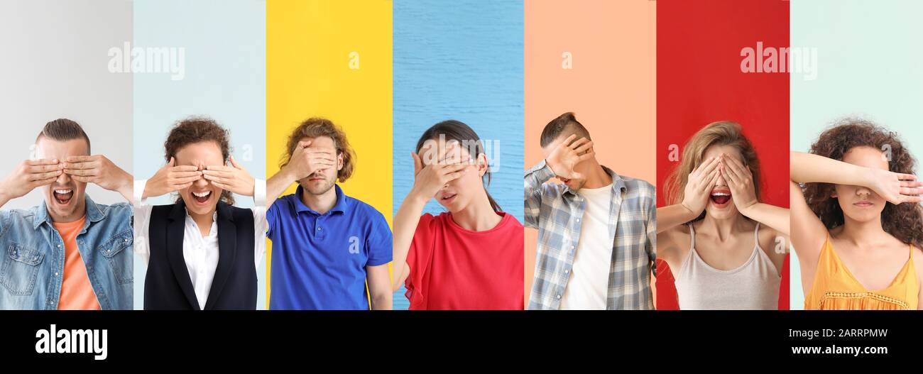 Collage of photos with different blind people covering their eyes Stock ...