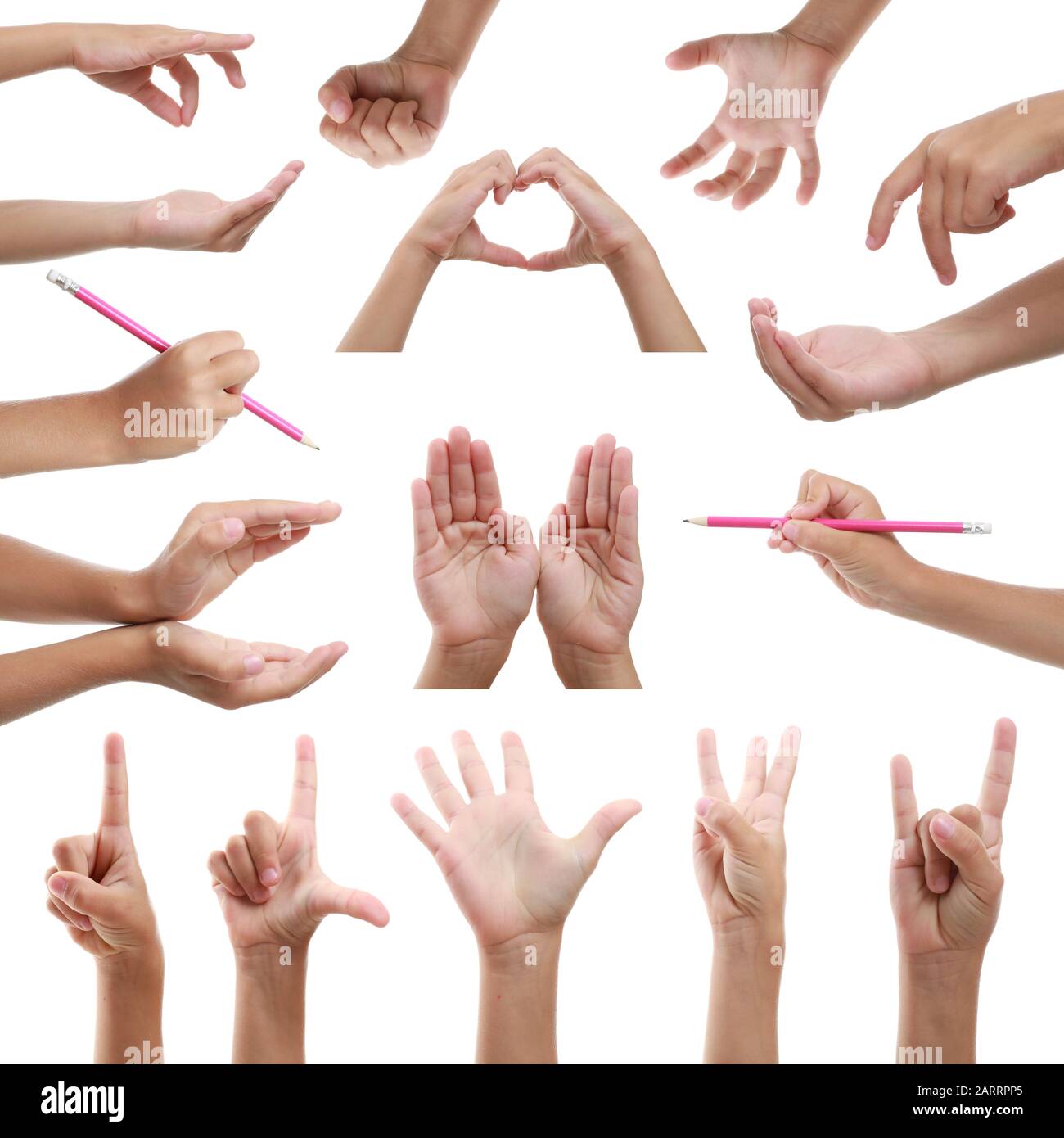 Gesturing children's hands on white background Stock Photo - Alamy