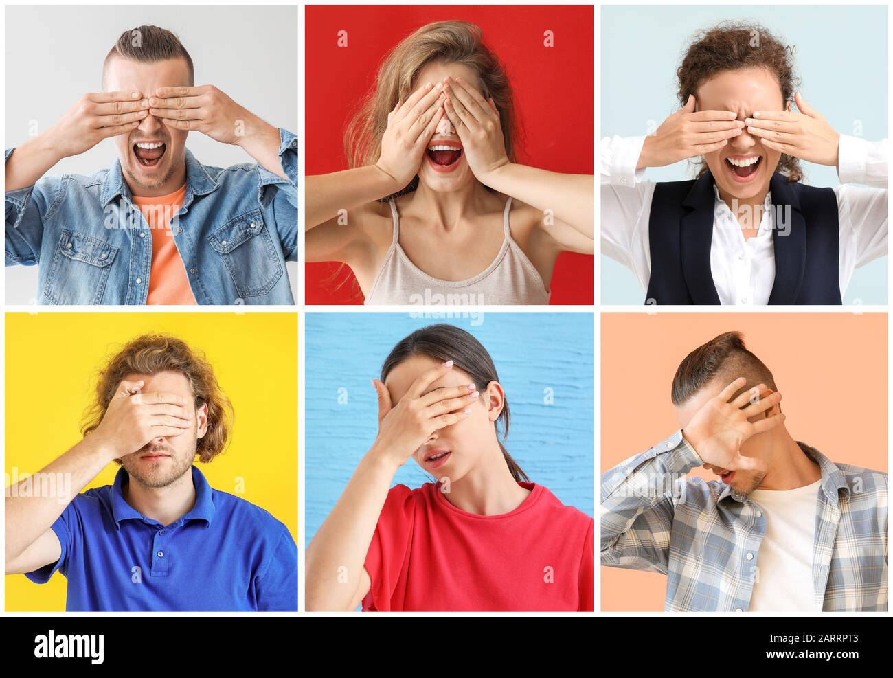 Collage of photos with different blind people covering their eyes Stock ...
