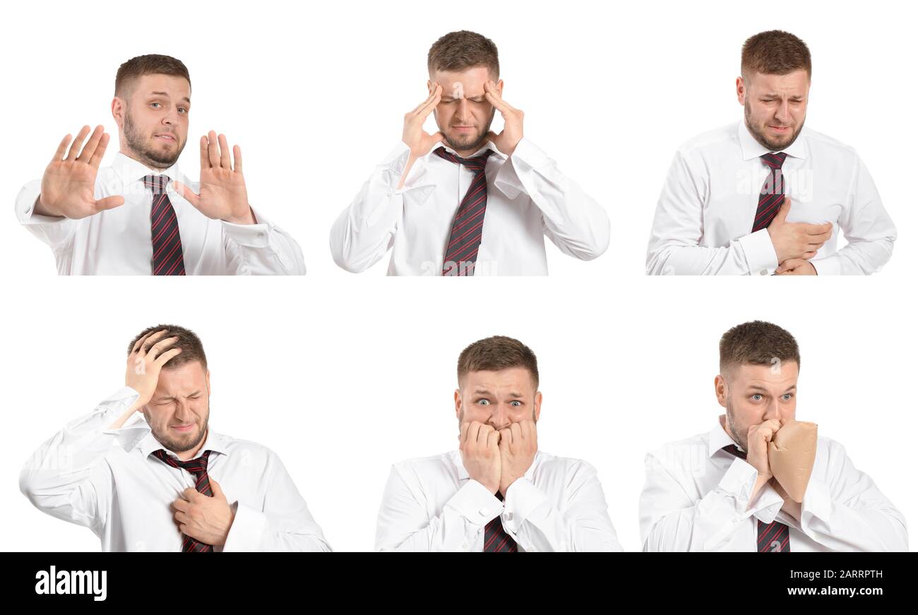 Set of businessman having panic attack on white background Stock Photo ...