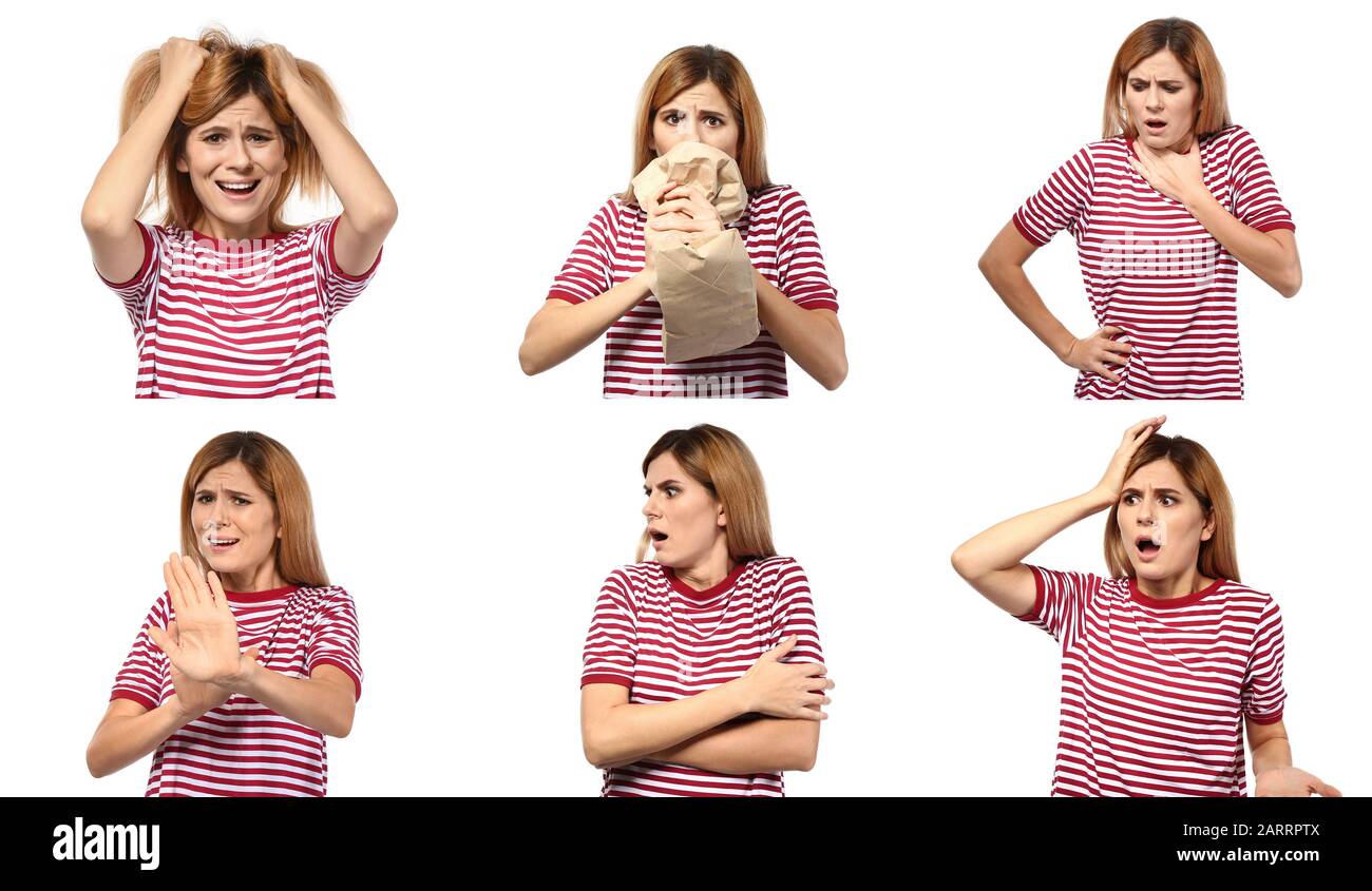 Set of woman having panic attack on white background Stock Photo - Alamy