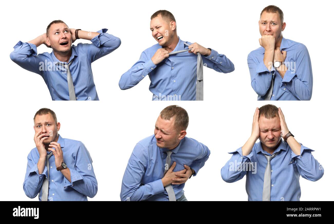 Set of businessman having panic attack on white background Stock Photo ...