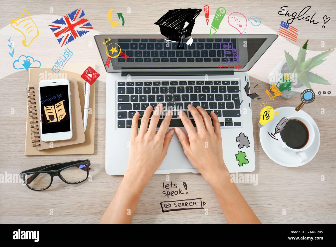 Young woman with laptop studying English online, top view Stock Photo ...