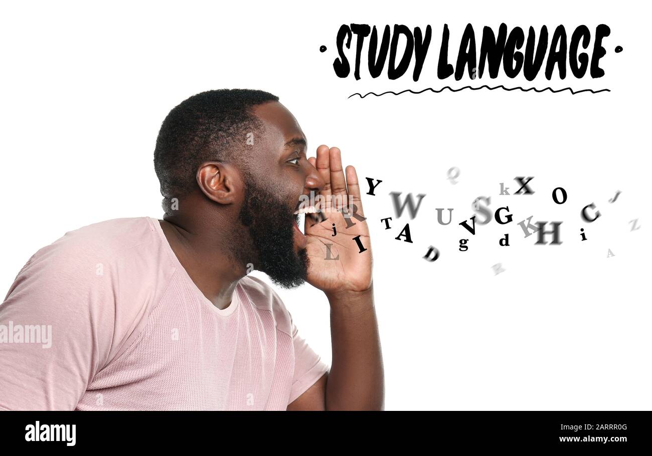 Talking African-American man and many letters on white background ...