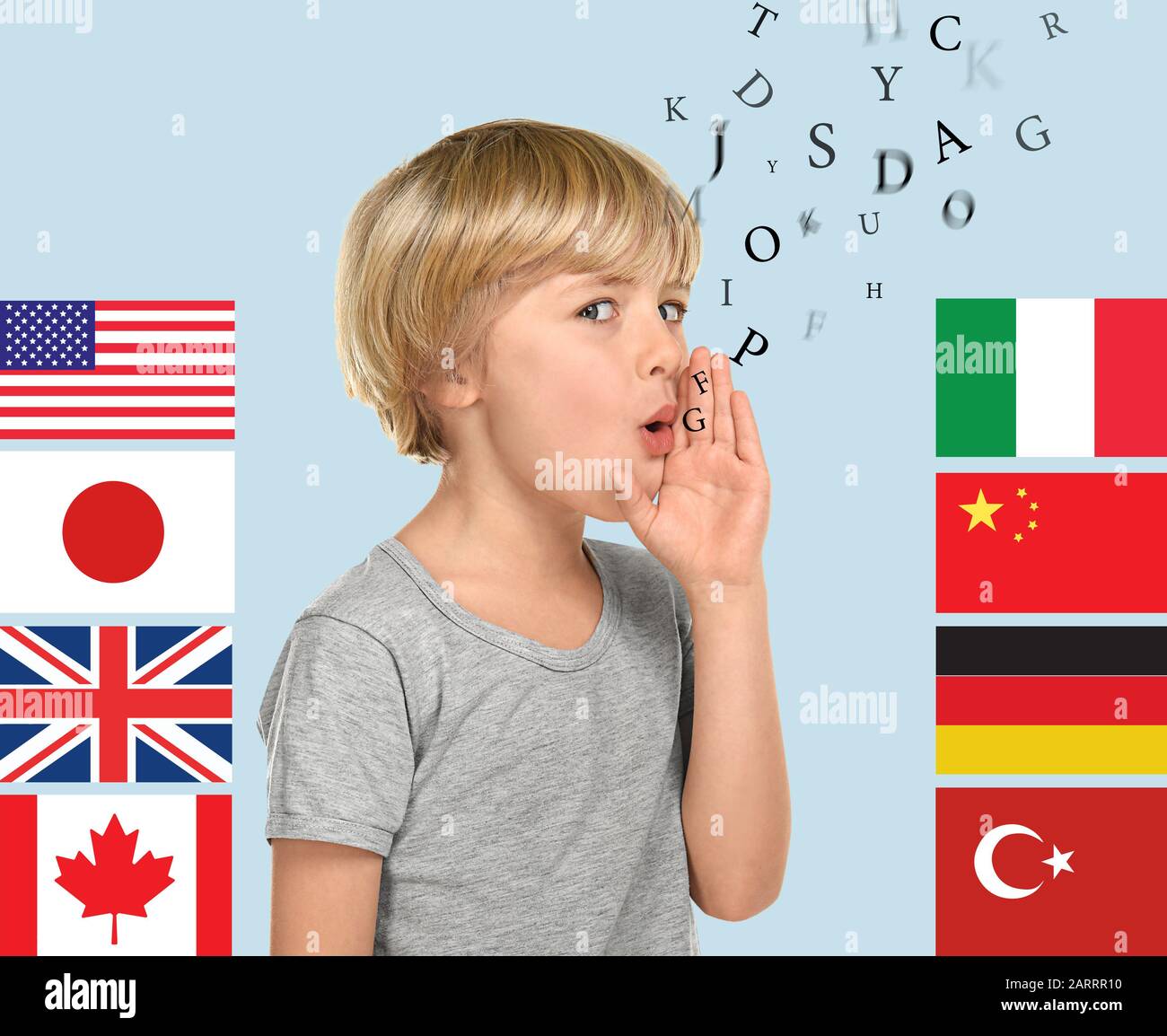 Speaking little boy, many letters and different flags on color ...