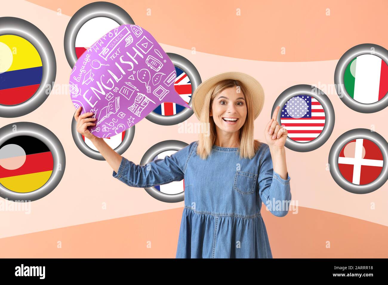 Beautiful woman with speech bubble and flags of different countries on ...