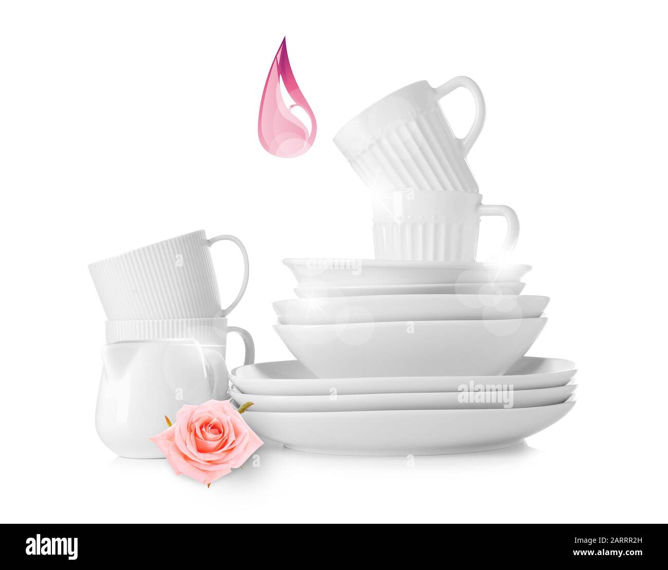 Clean tableware and drop of dishwashing liquid on white background ...