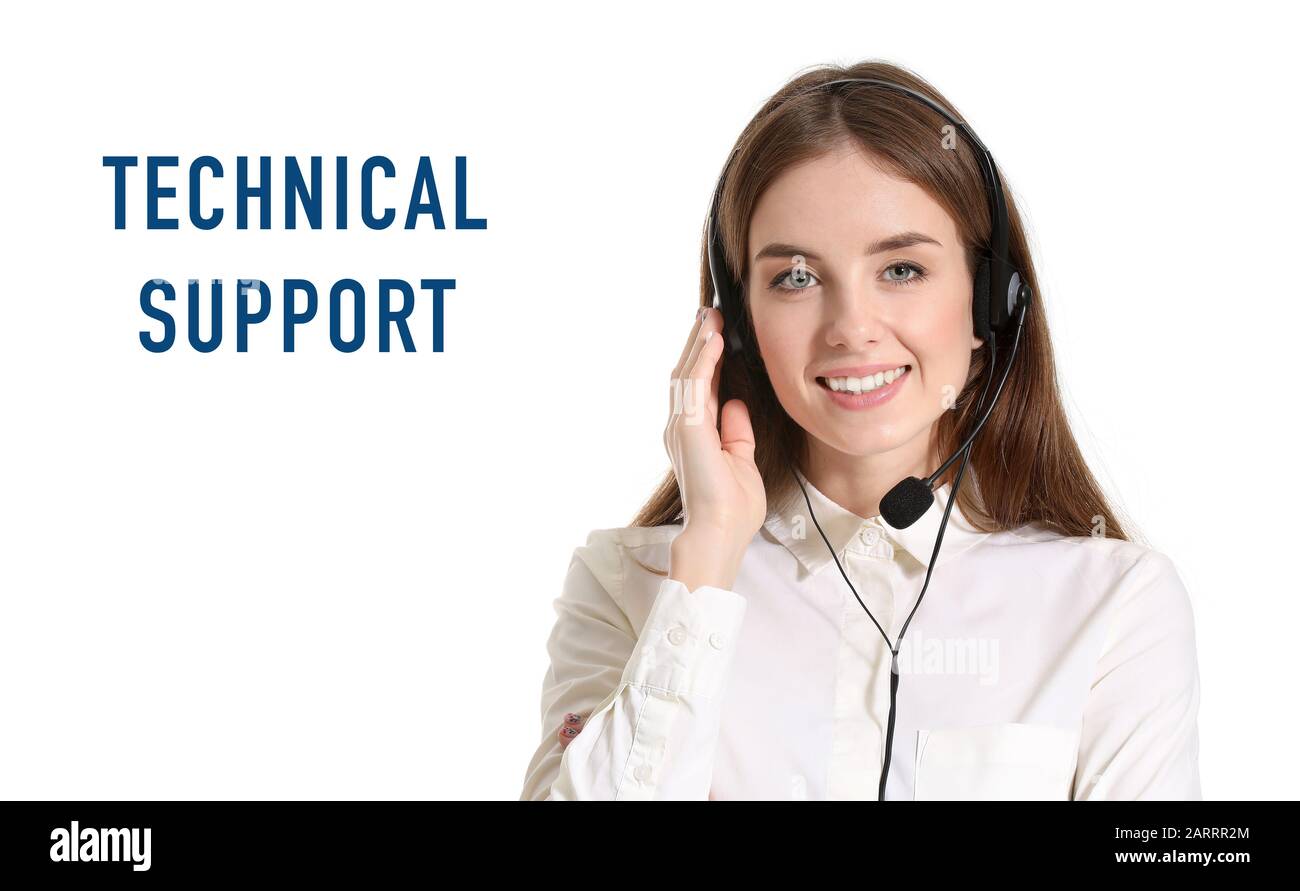 Female technical support agent on white background Stock Photo - Alamy