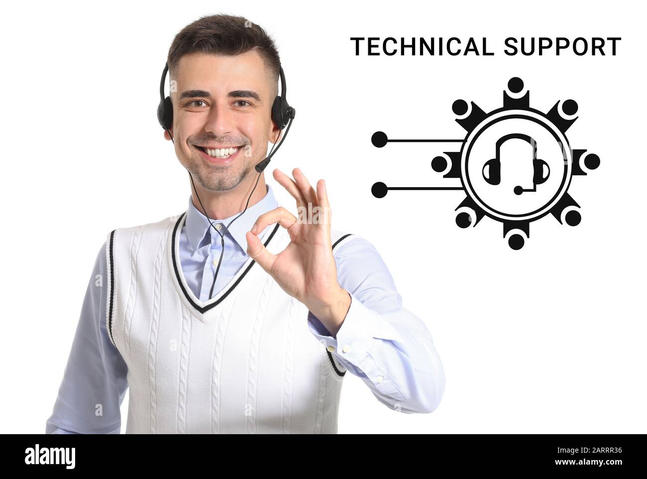 Male technical support agent showing OK gesture on white background ...