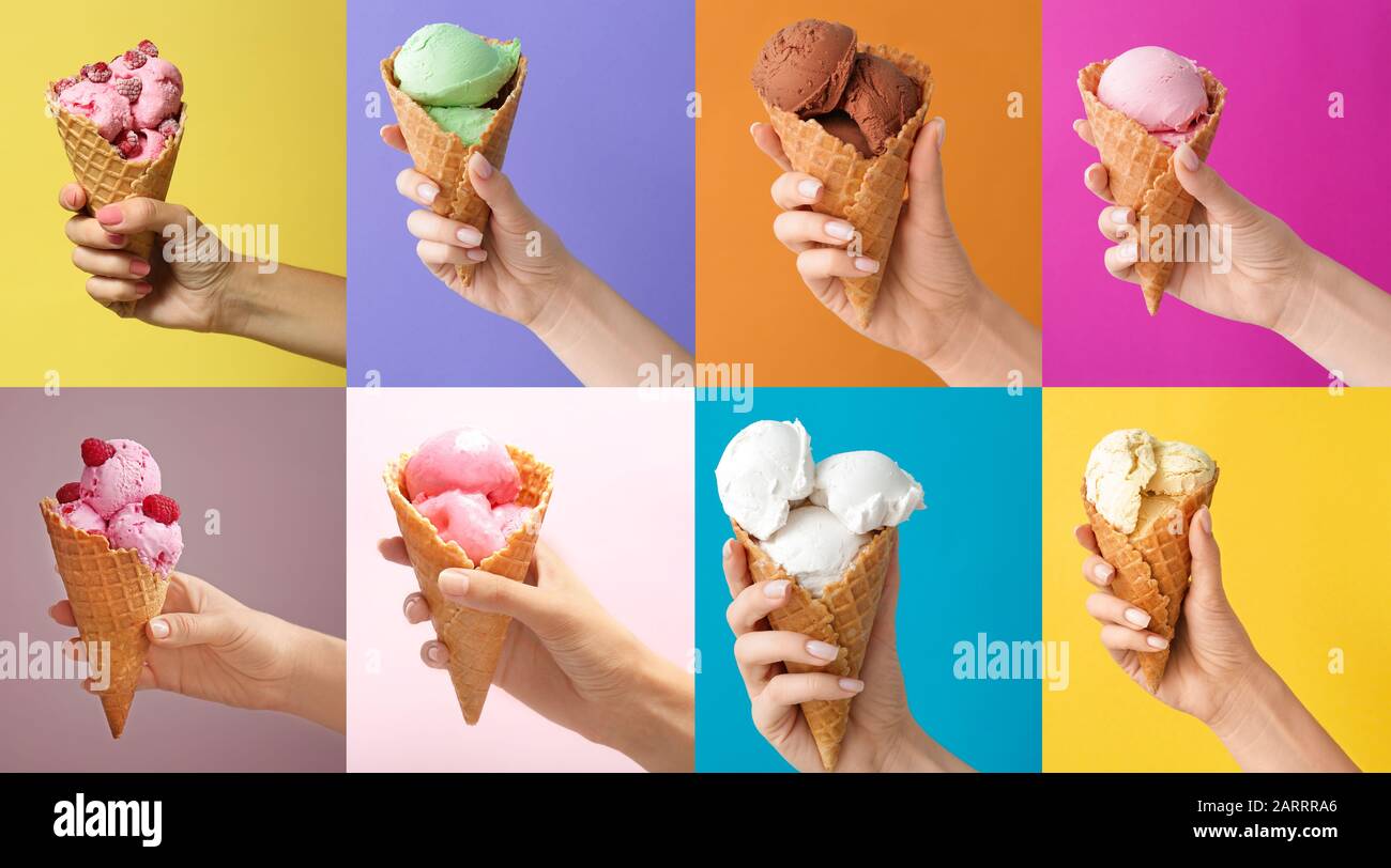 Collage with tasty ice-cream on color background Stock Photo - Alamy