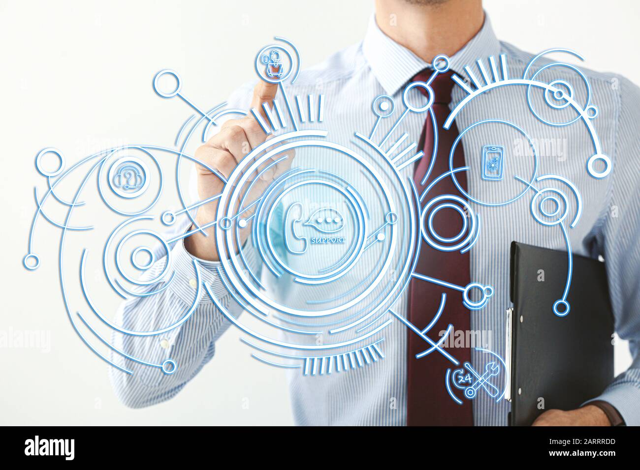 Businessman using virtual call center screen against white background ...