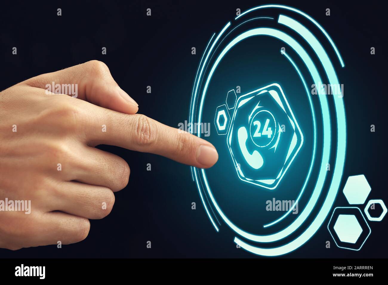 Man using virtual call center screen against dark background Stock ...