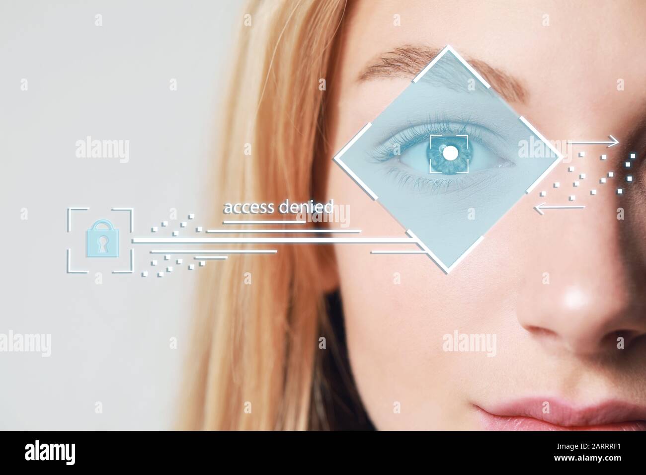 Female hacker with iris scanning, closeup. Concept of digital crime ...