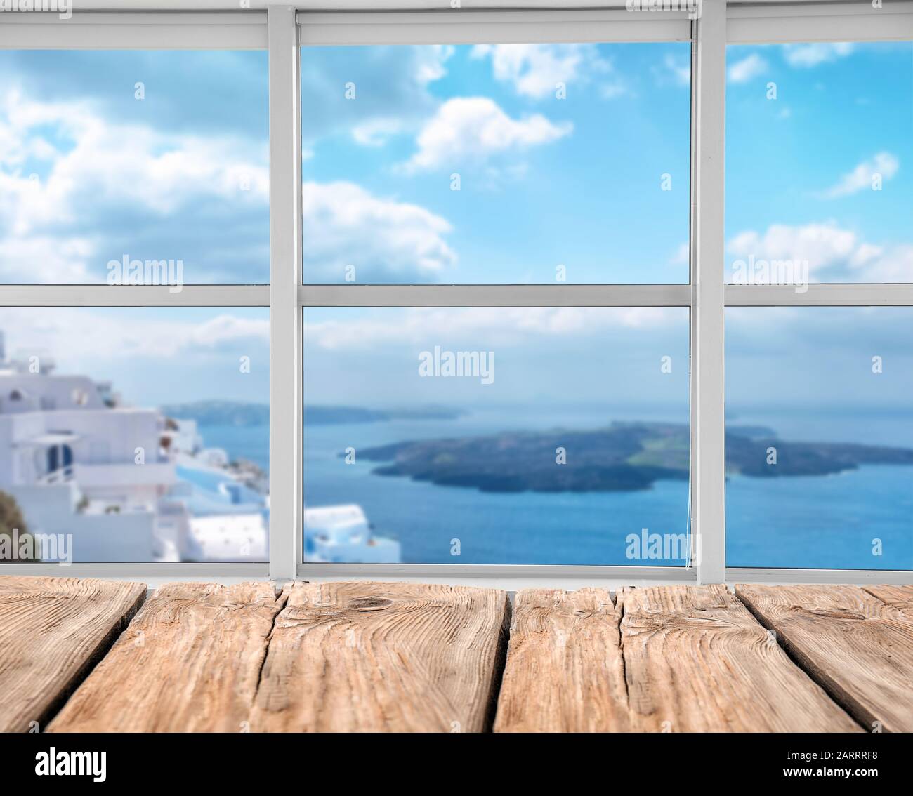 View on beautiful sea resort through big metal-plastic window Stock ...