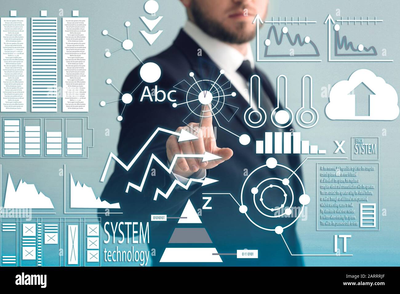Businessman using virtual screen on light background. Concept of modern ...