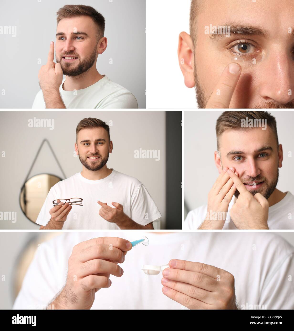 Collage of photos with young man putting in contact lens Stock Photo ...