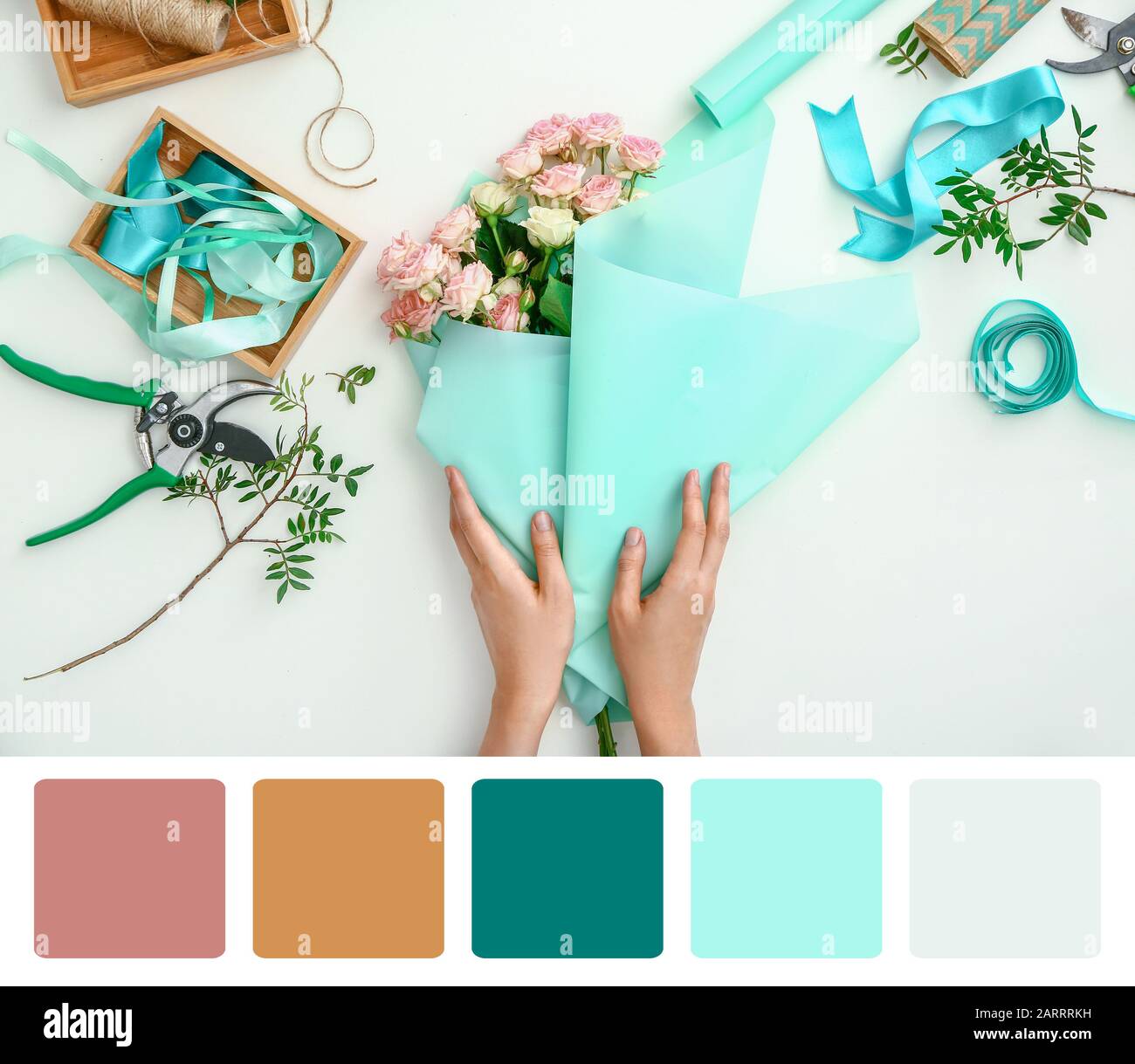 Female florist making beautiful bouquet on white background. Different ...