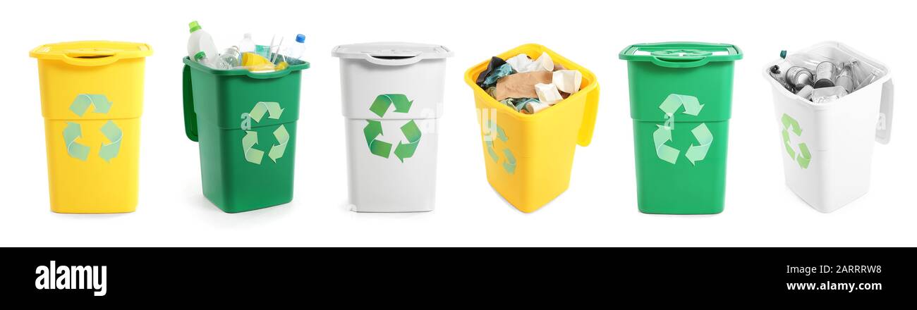 Containers for trash with recycling sign on white background Stock Photo - Alamy