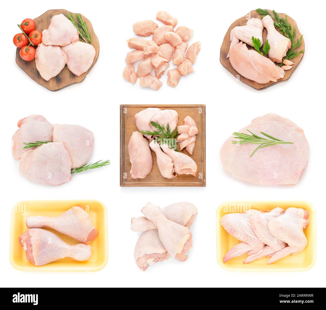 Collage with raw chicken meat on white background Stock Photo - Alamy